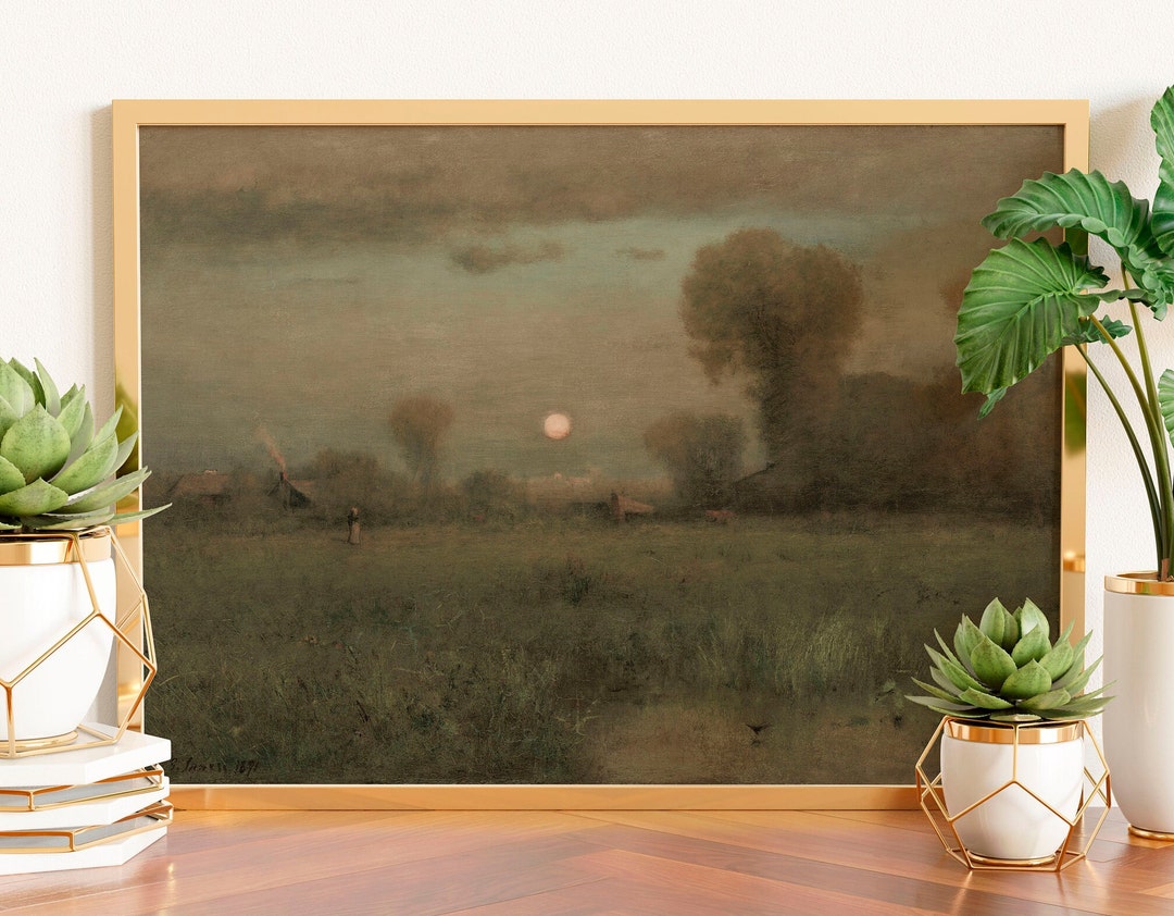 Moonlight Landscape Painting, Vintage Moonlight Print, Moody Landscape ...