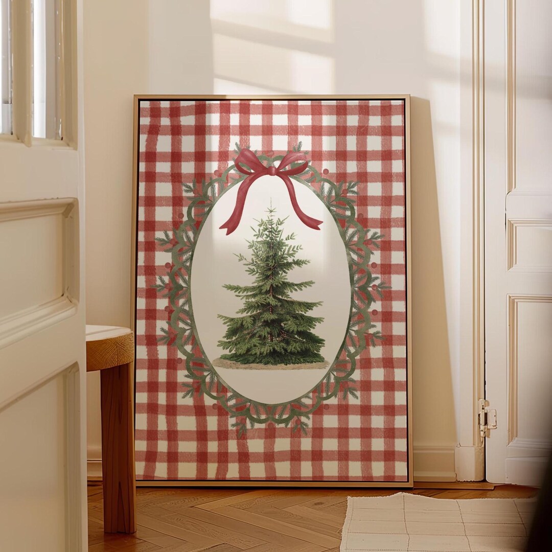 Christmas Tree Print Vintage Wall Art, Red Plaid Holiday Wall Art ...