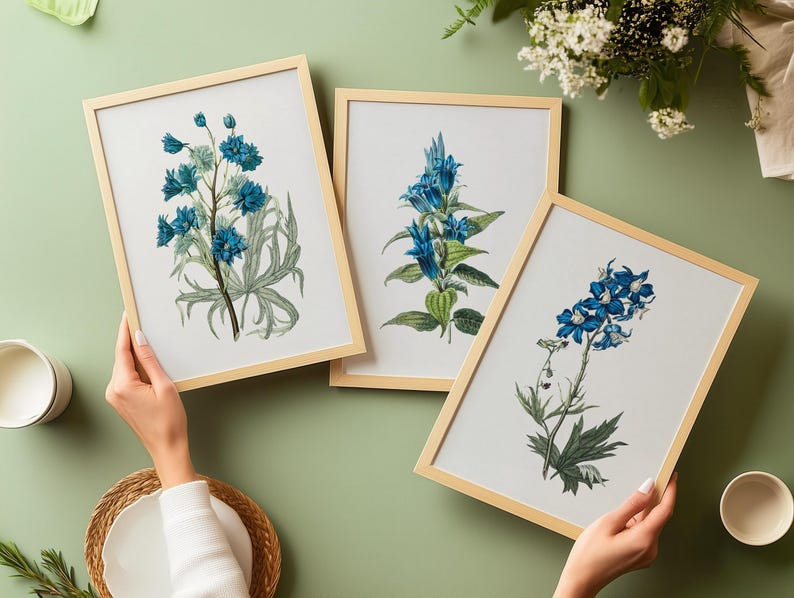 Vintage Blue Botanical Gallery Wall Set of 6, Blue Flower Art, Blue ...