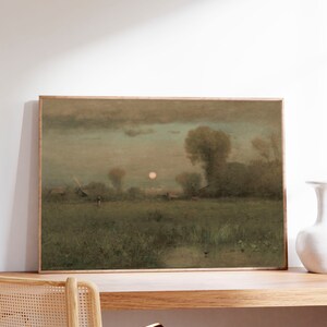 Moonlight Landscape Painting, Vintage Moonlight Print, Moody Landscape ...