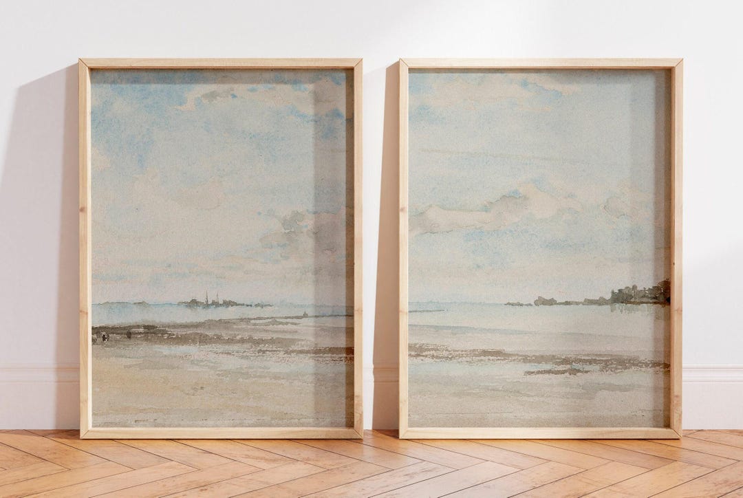 Muted Coastal Print Set of 2, Vintage Beach Painting, Seaside Wall Art ...