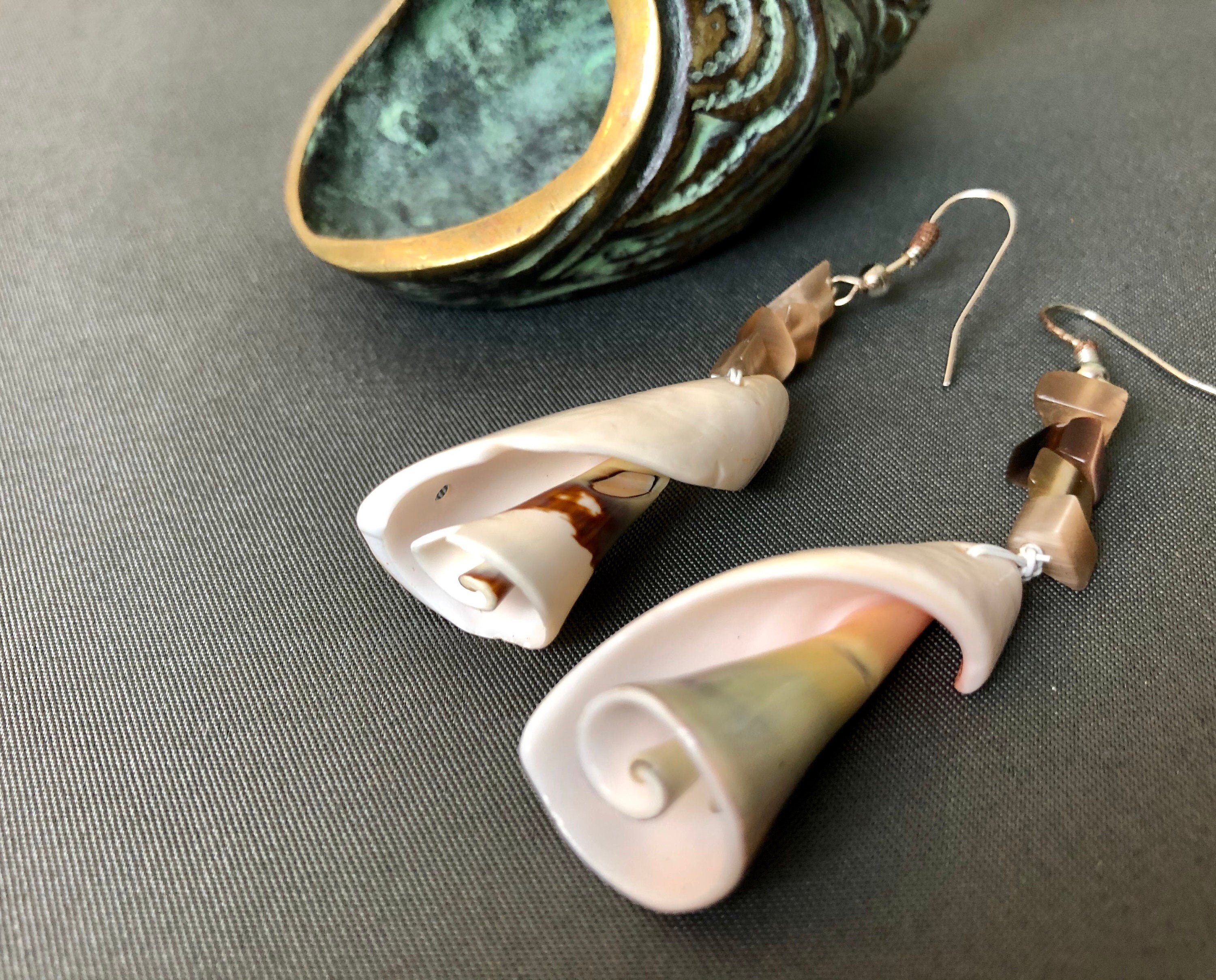 Seashell Spiral Earrings, Long Dangle Curved Seashell Earrings ...