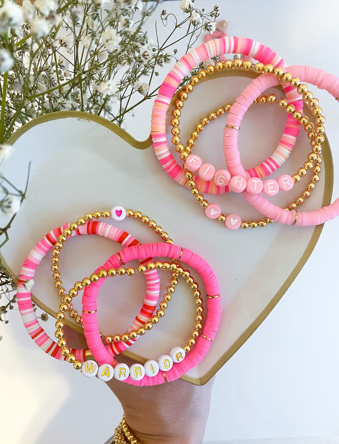 Heishi Breast Cancer Bracelet | Polymer Clay Cancer Awareness Bracelet ...