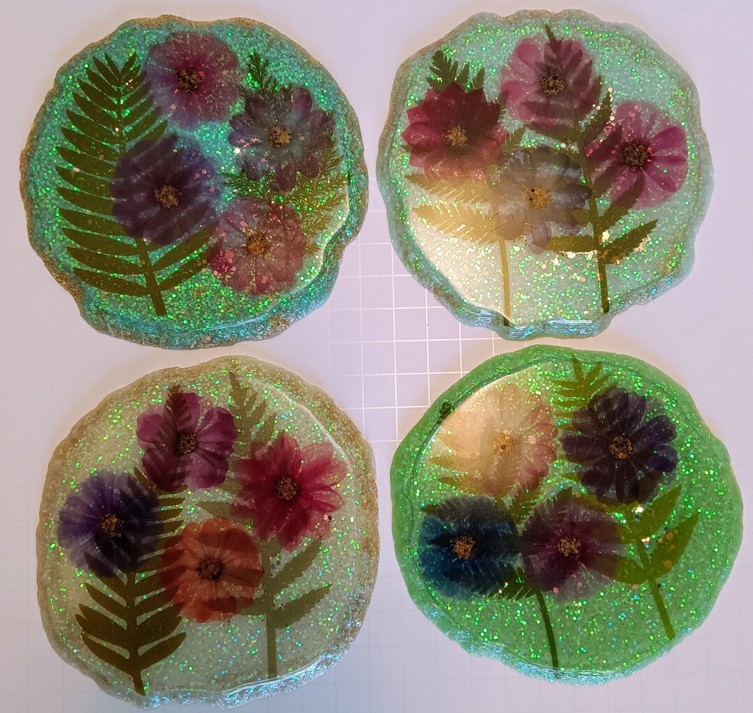 Set of 4 Resin Coasters, Resin, Flowers, Leaves, Mica Powders, Glitter ...