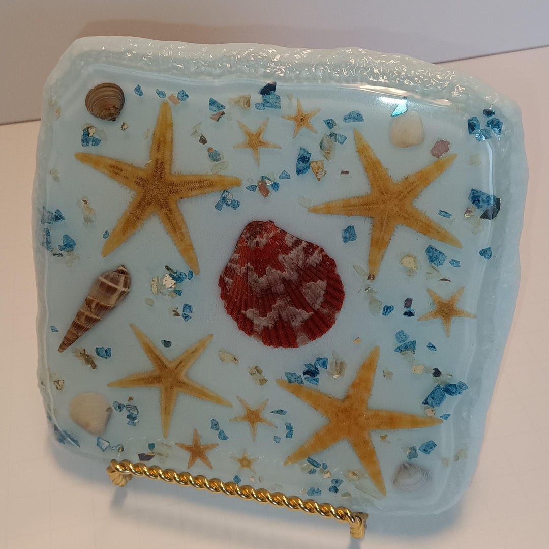Resin Sea Coaster, Sea Shells, Starfish, Crushed Glass, Coaster, Light ...