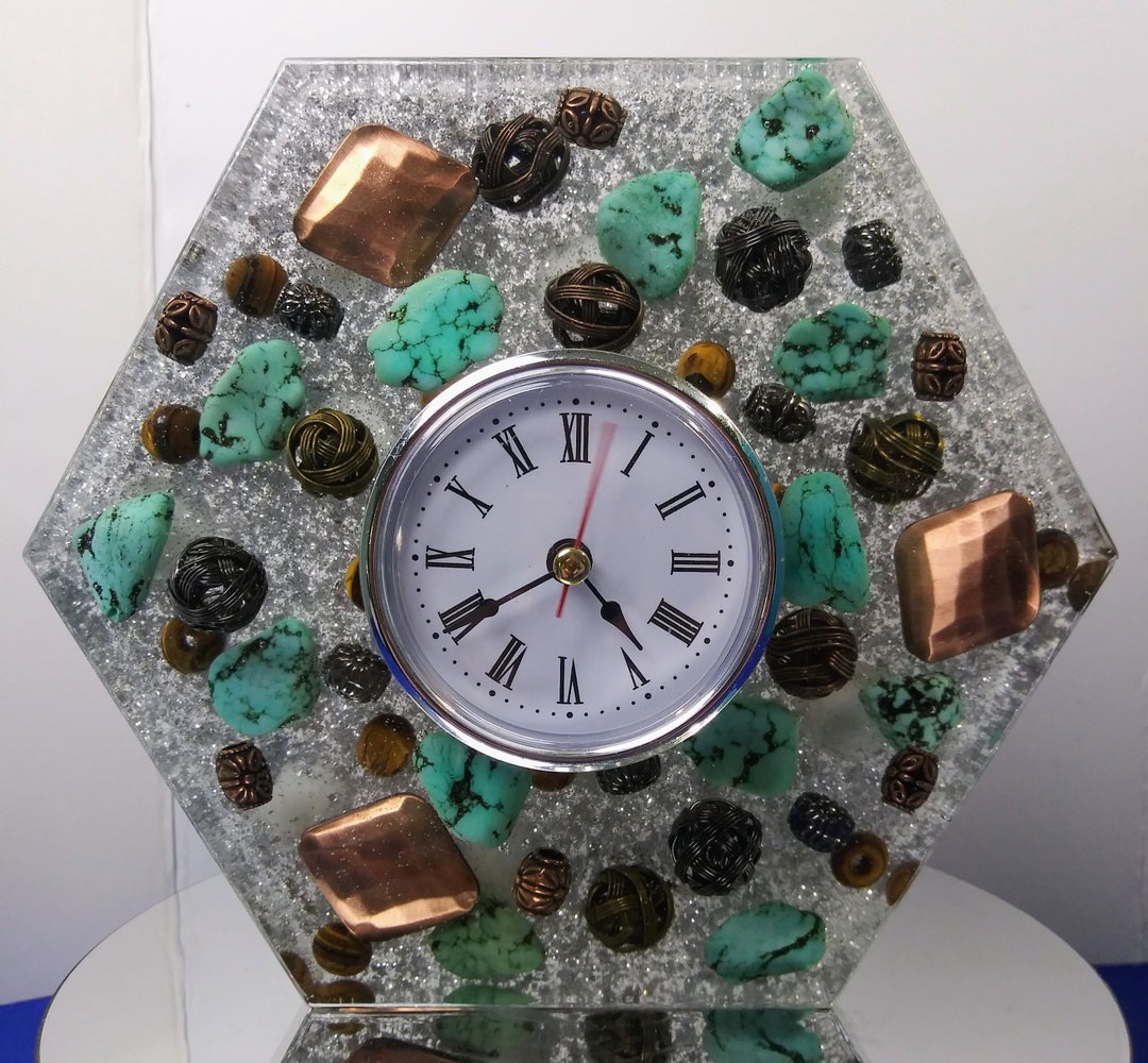 Resin Clock, Clock, Hexagon Clock, Zen Clock, Turquoise, Copper, Bronze ...