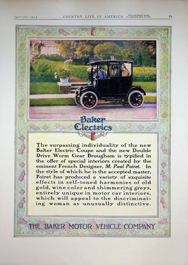 1914 Baker Electric Coupe Worm Drive Full Color Page Ad Country Life in ...