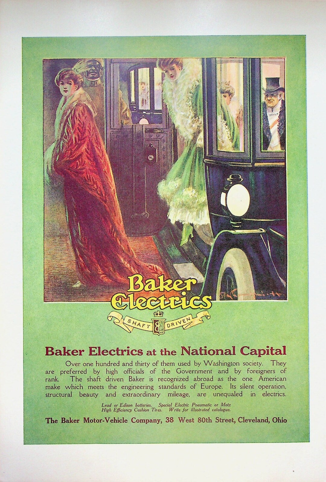 1911 Baker Electrics Color Art Nuveau Ad & Personal Letter on B.E ...