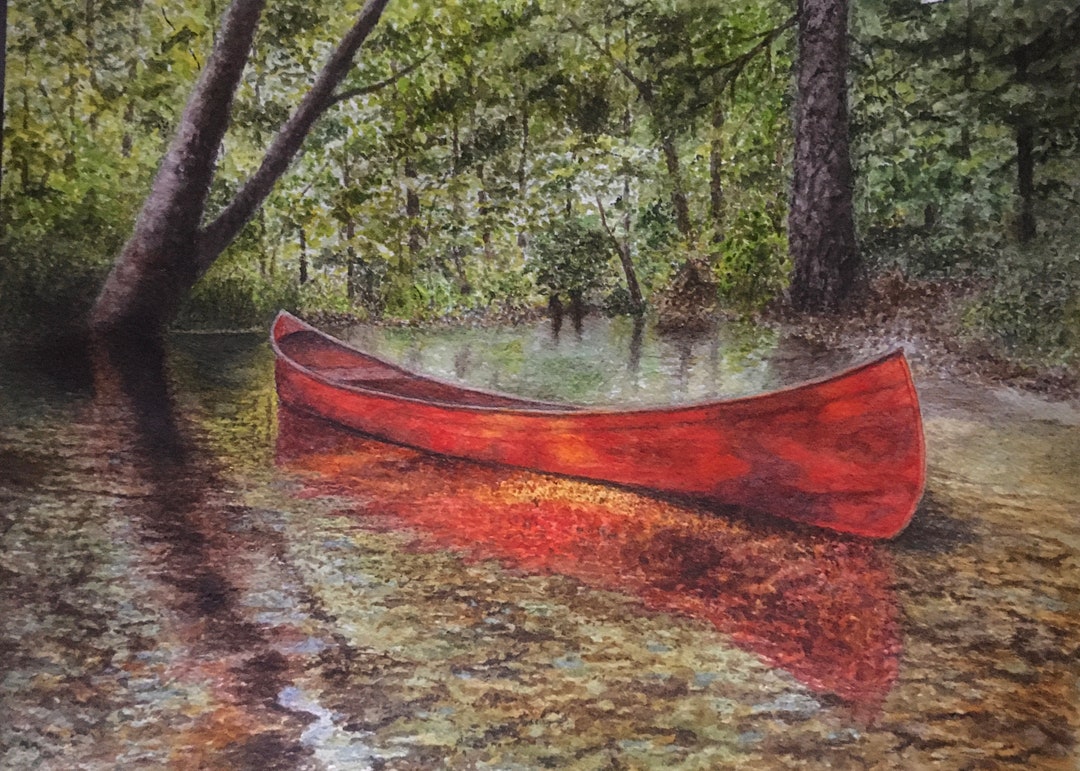 Red Canoe on Creek. Watercolor Print. - Etsy