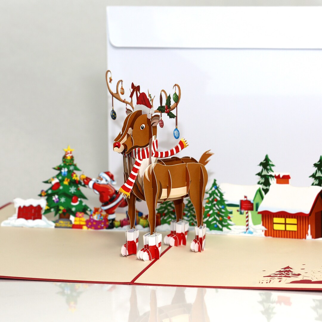 Rudolph Reindeer Holiday Card. Pop-up Christmas Card 6x8 Designed by ...