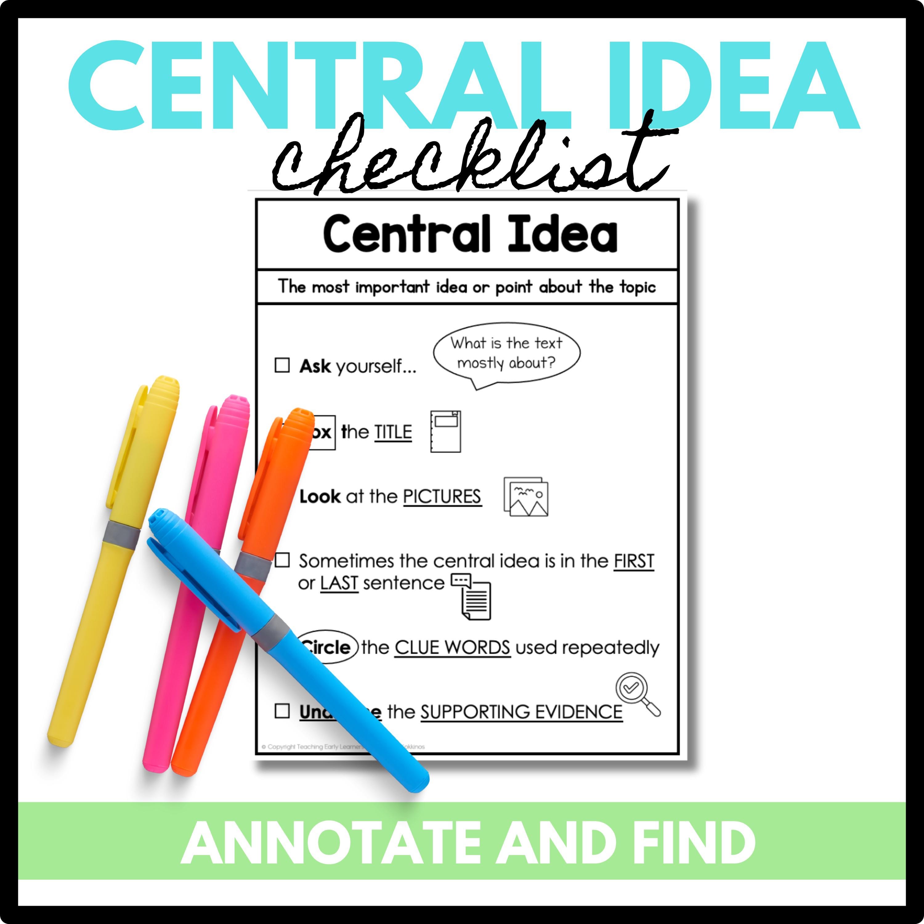 Central Idea and Supporting Evidence Checklist - Annotating Support - Etsy