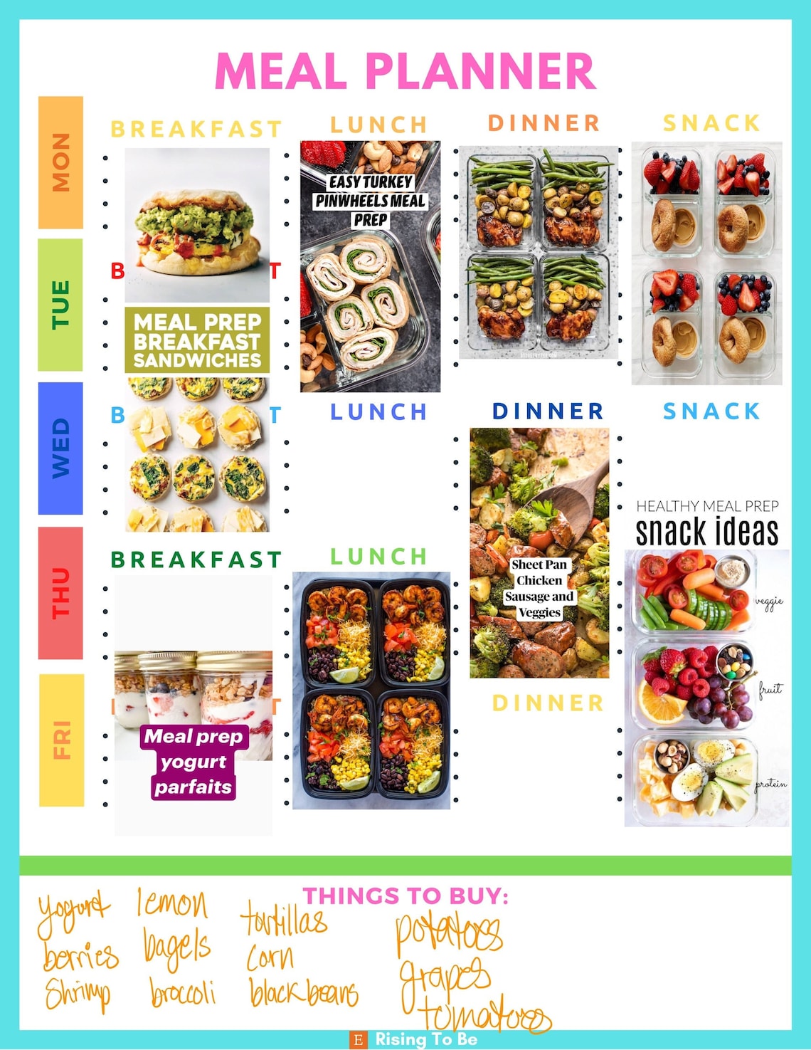Colorful Custom Meal Plan PDF Printable BUNDLE, Grocery List, Meal ...