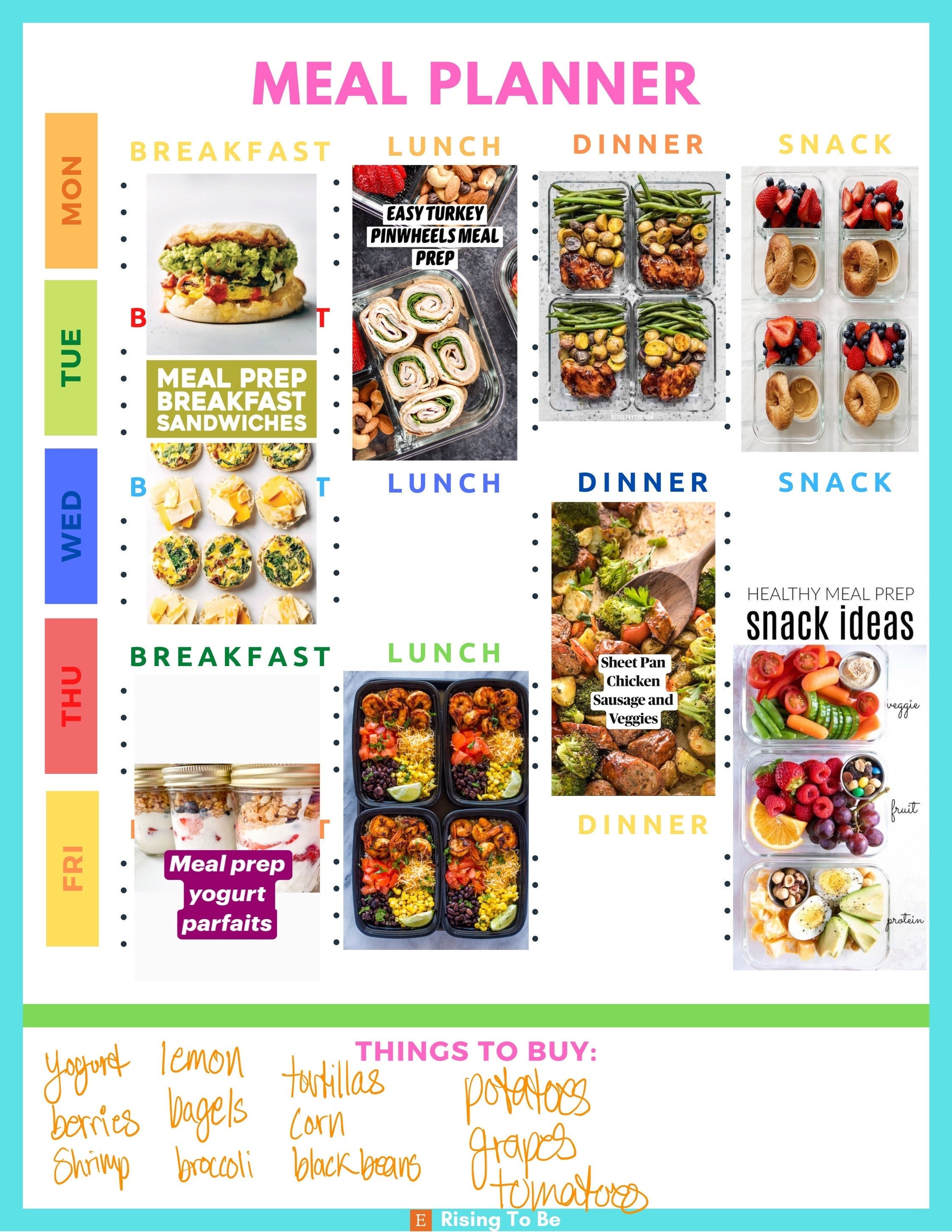 Colorful Custom Meal Plan PDF Printable BUNDLE, Grocery List, Meal ...