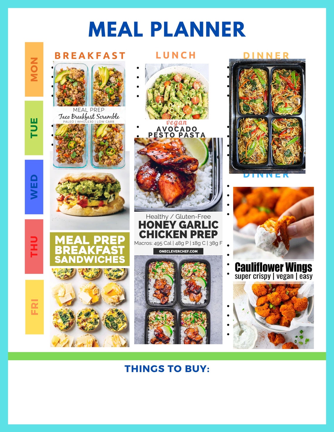 Colorful Custom Meal Plan PDF Printable BUNDLE, Grocery List, Meal ...