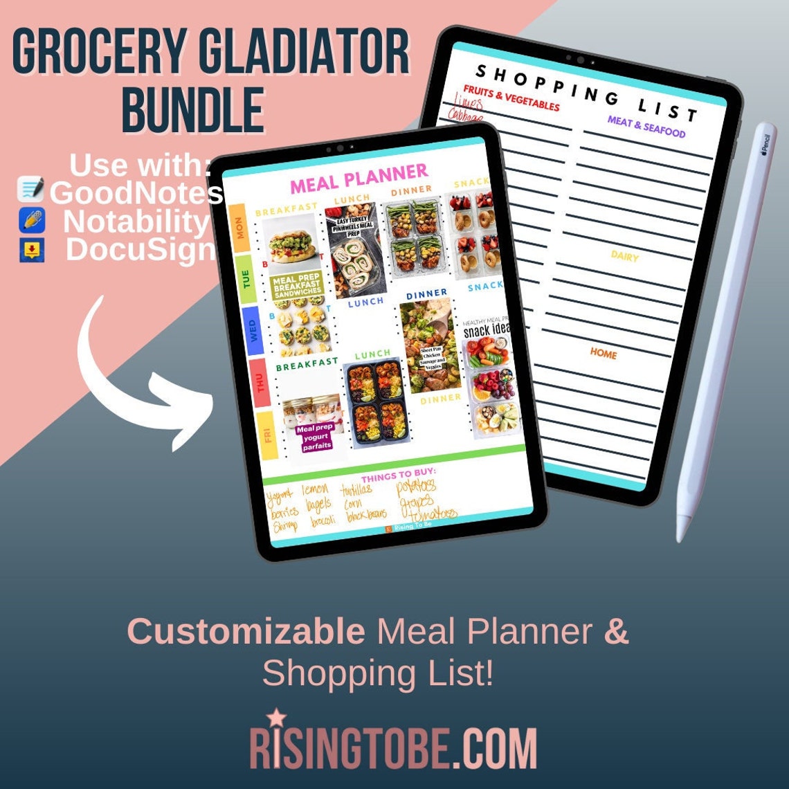 Colorful Custom Meal Plan PDF Printable BUNDLE, Grocery List, Meal ...