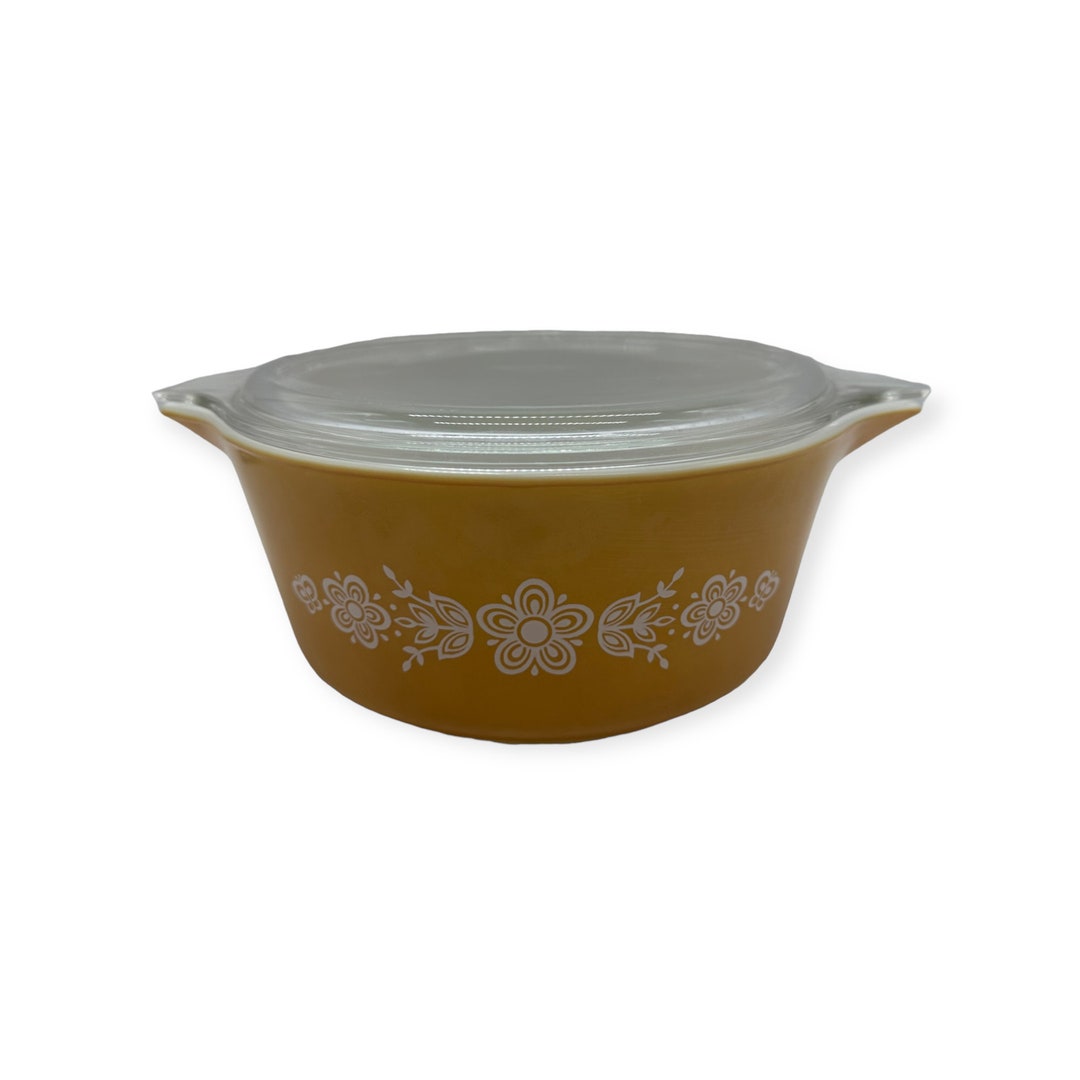 Vintage Pyrex 475-B Butterfly Gold Round Casserole Dish 2.5 Qt W/ Glass ...