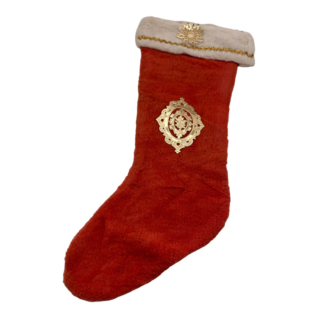 VTG Red White Felt Christmas Stocking W/ Gold Accents Handmade 15" Tall ...