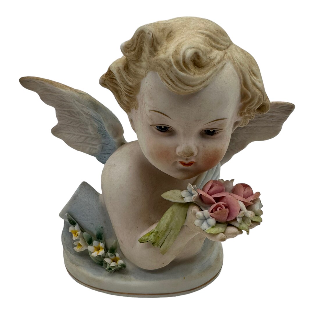 Vintage Lefton China Angel Cherub Figurine Hand Painted Holding Flowers ...