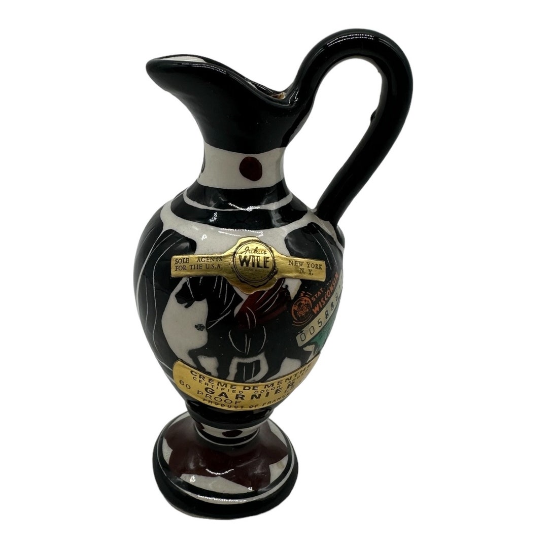 VTG Garnier Horse Black Pitcher Decanter EMPTY Creme De Menth Bottle 1. ...