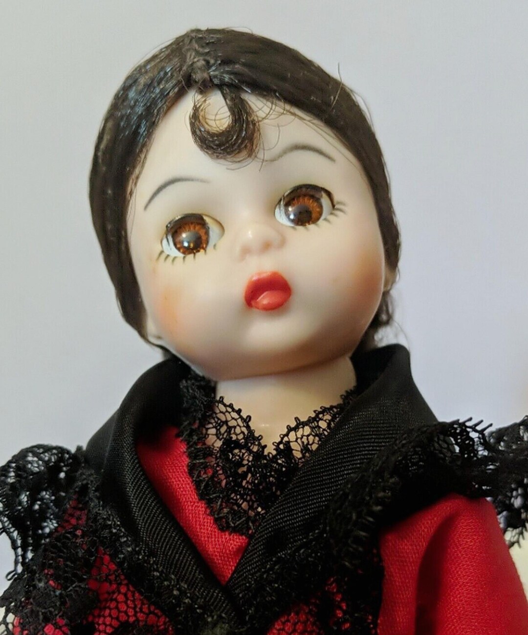Vintage Doll Spanish Girl Red Dress Black Trim Kaiser Doll Stand Spain ...