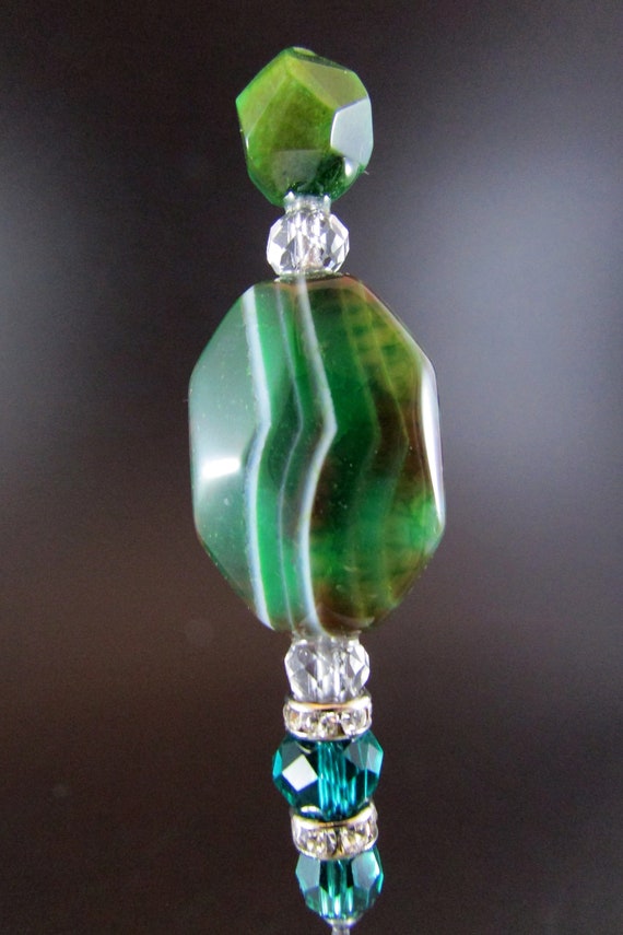 Victorian Era Inspired Hat Pin with Green Polished Stone and | Etsy
