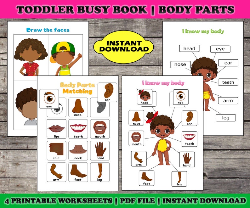 Body Parts Matching Worksheet, Afro American, Toddler Learning Binder ...
