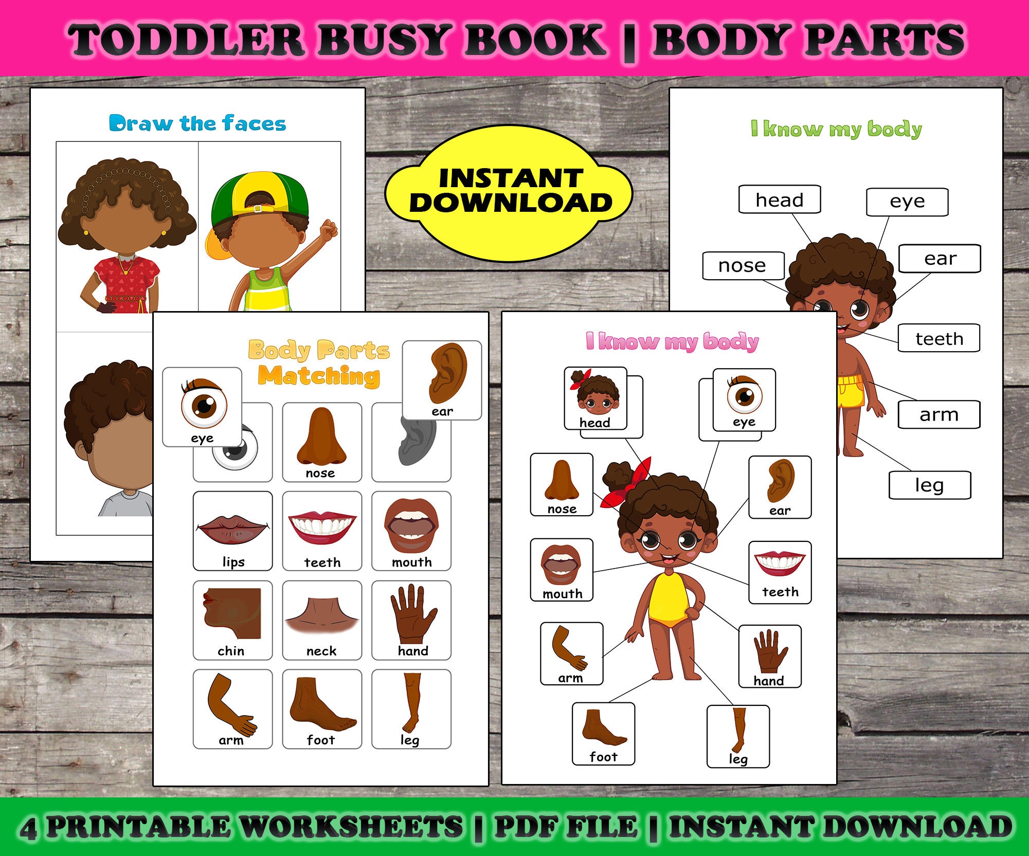 Body Parts Matching Worksheet, Afro American, Toddler Learning Binder ...