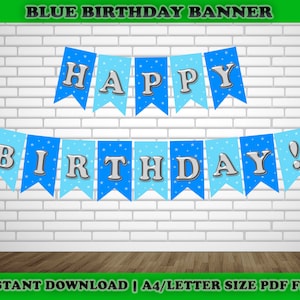 Happy Birthday Banner Printable, Blue Birthday Flags, Birthday ...