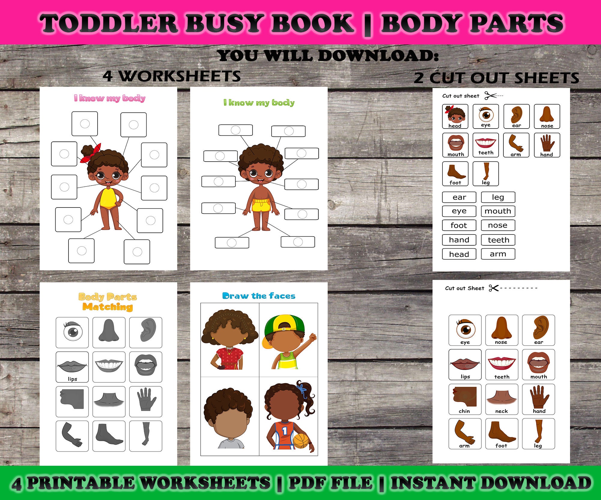 Body Parts Matching Worksheet, Afro American, Toddler Learning Binder ...