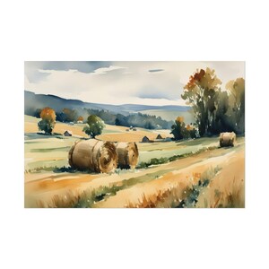 Haystack Painting Rustic Watercolor Landscape Autumn Countryside Wall ...