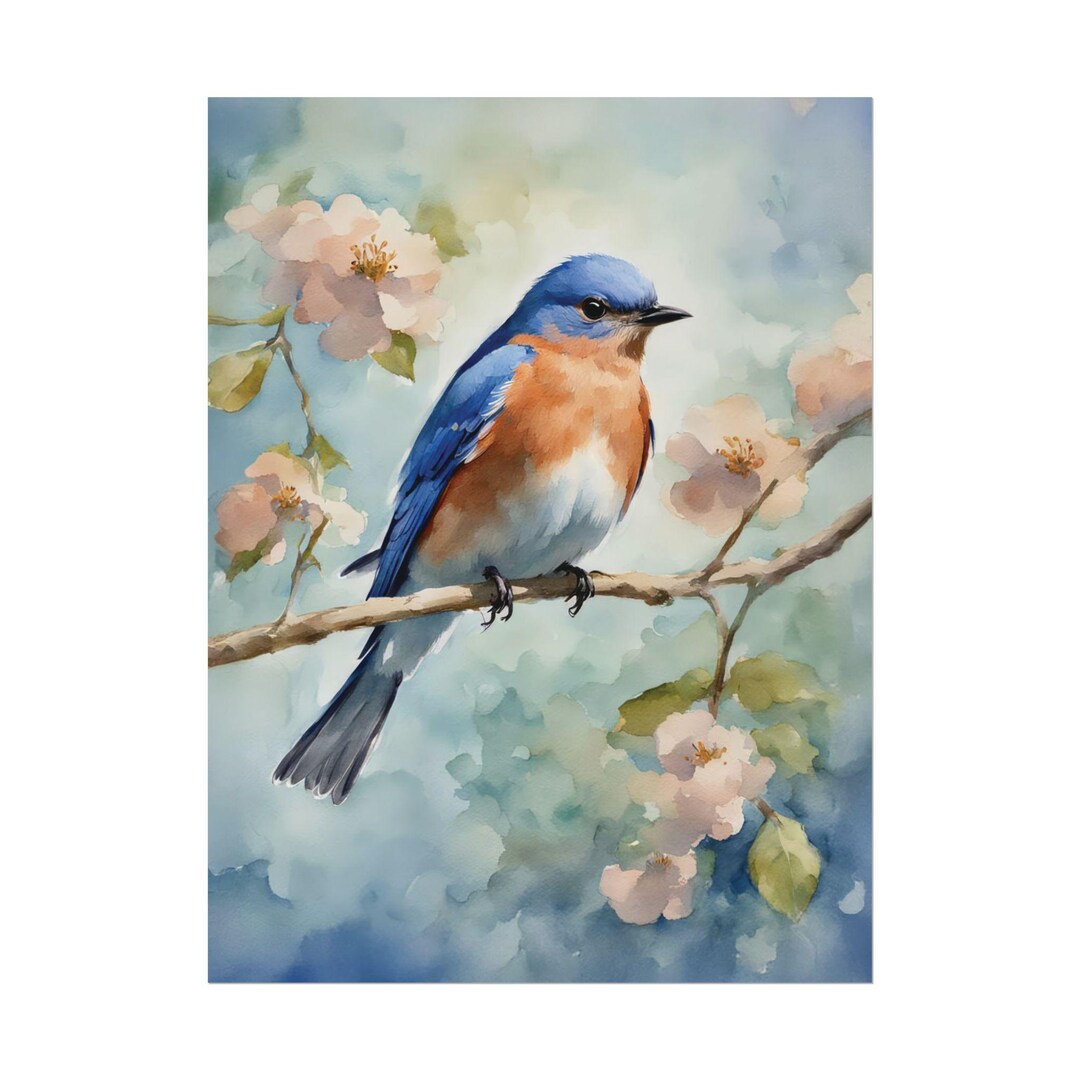 Eastern Bluebird Watercolor Print, Floral Spring Art, Vertical Posters ...