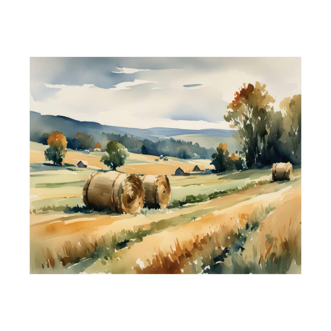 Haystack Painting Rustic Watercolor Landscape Autumn Countryside Wall ...