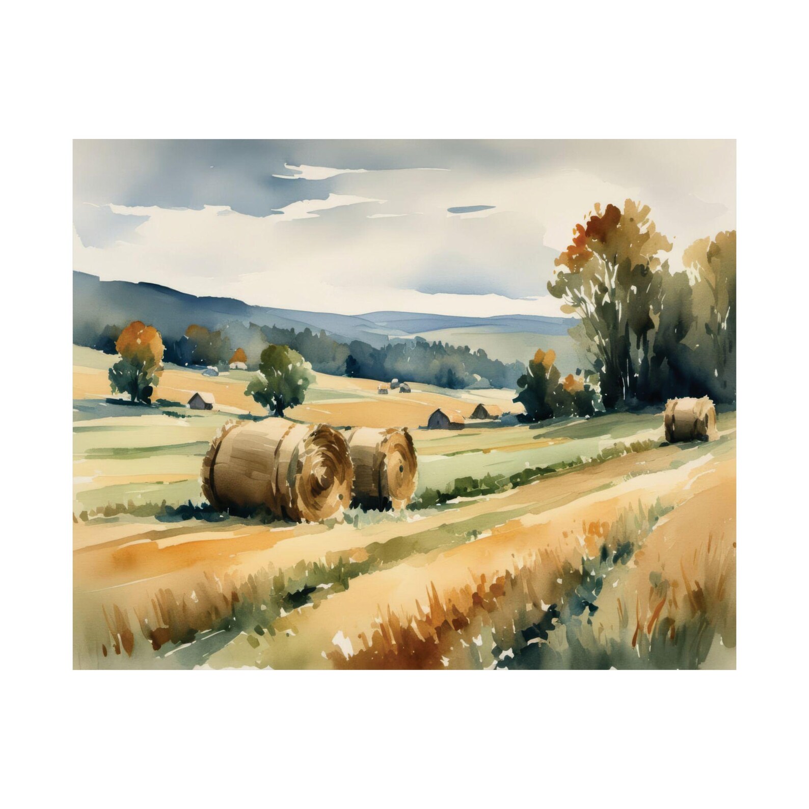 Haystack Painting Rustic Watercolor Landscape Autumn Countryside Wall ...