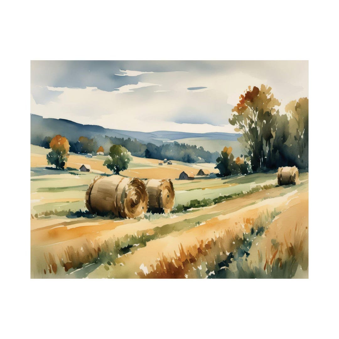 Haystack Painting Rustic Watercolor Landscape Autumn Countryside Wall ...