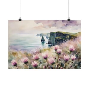 Cliffs of Moher Art Print Thistle Watercolor Painting Emerald Isle Wall ...