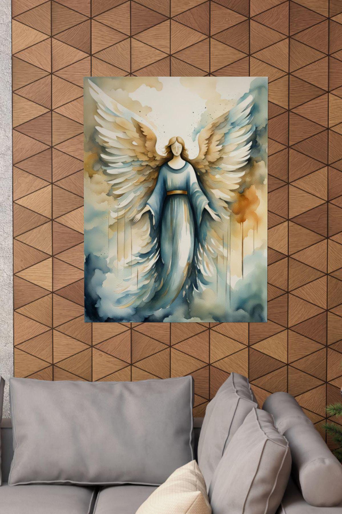 Guardian Angel Poster Blue Angel Watercolor Print Religious Wall Art ...