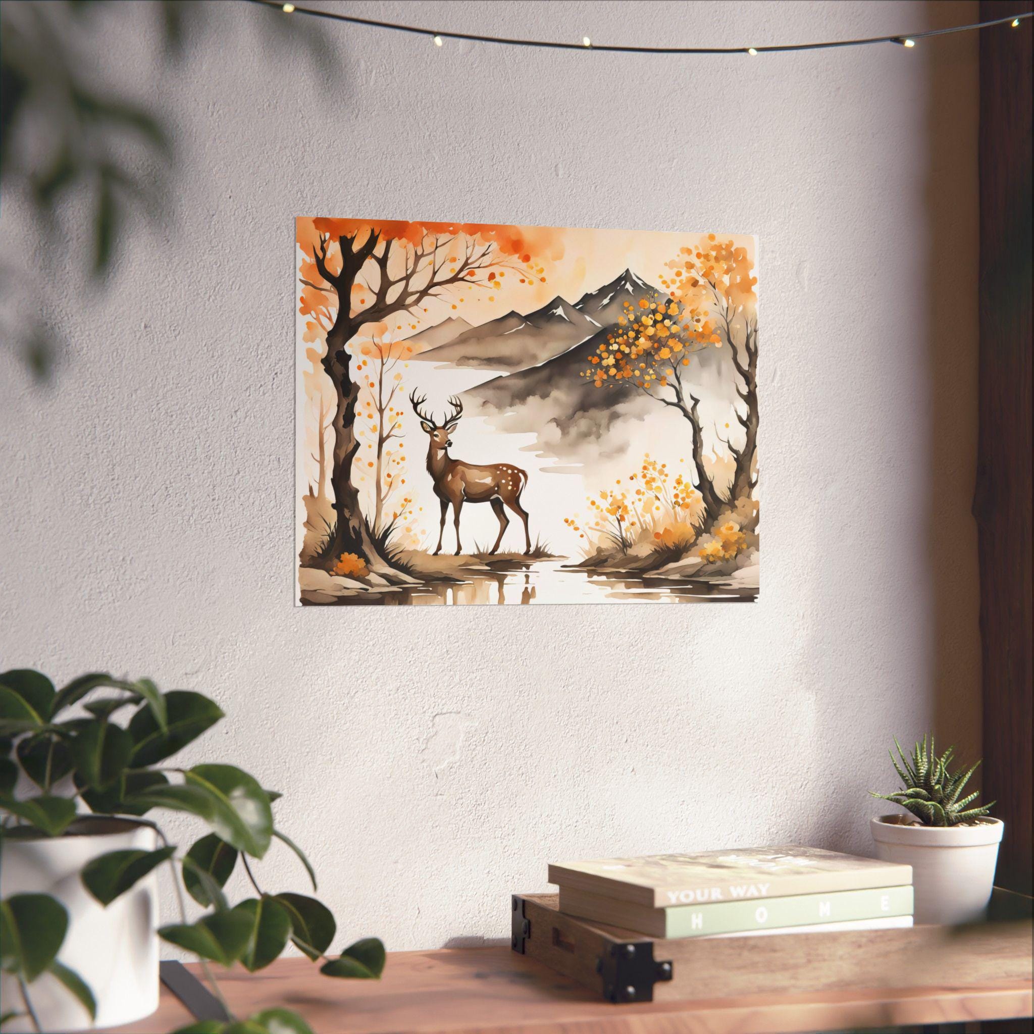 Deer Mountains Forest Stream Watercolor Print, Autumn Landscape Wall ...