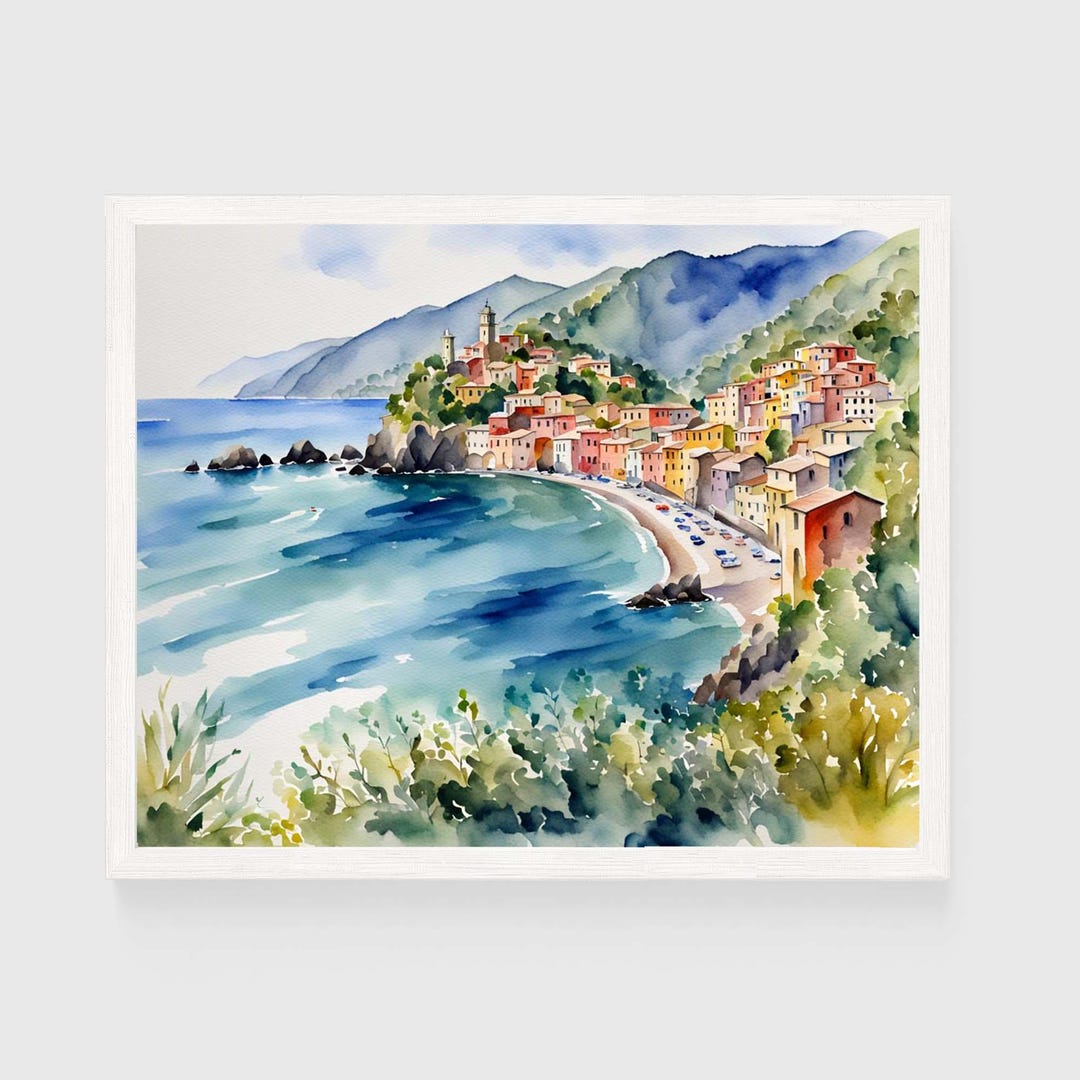 Monterosso Coast Italy Art Print, Watercolor Cityscape Painting ...