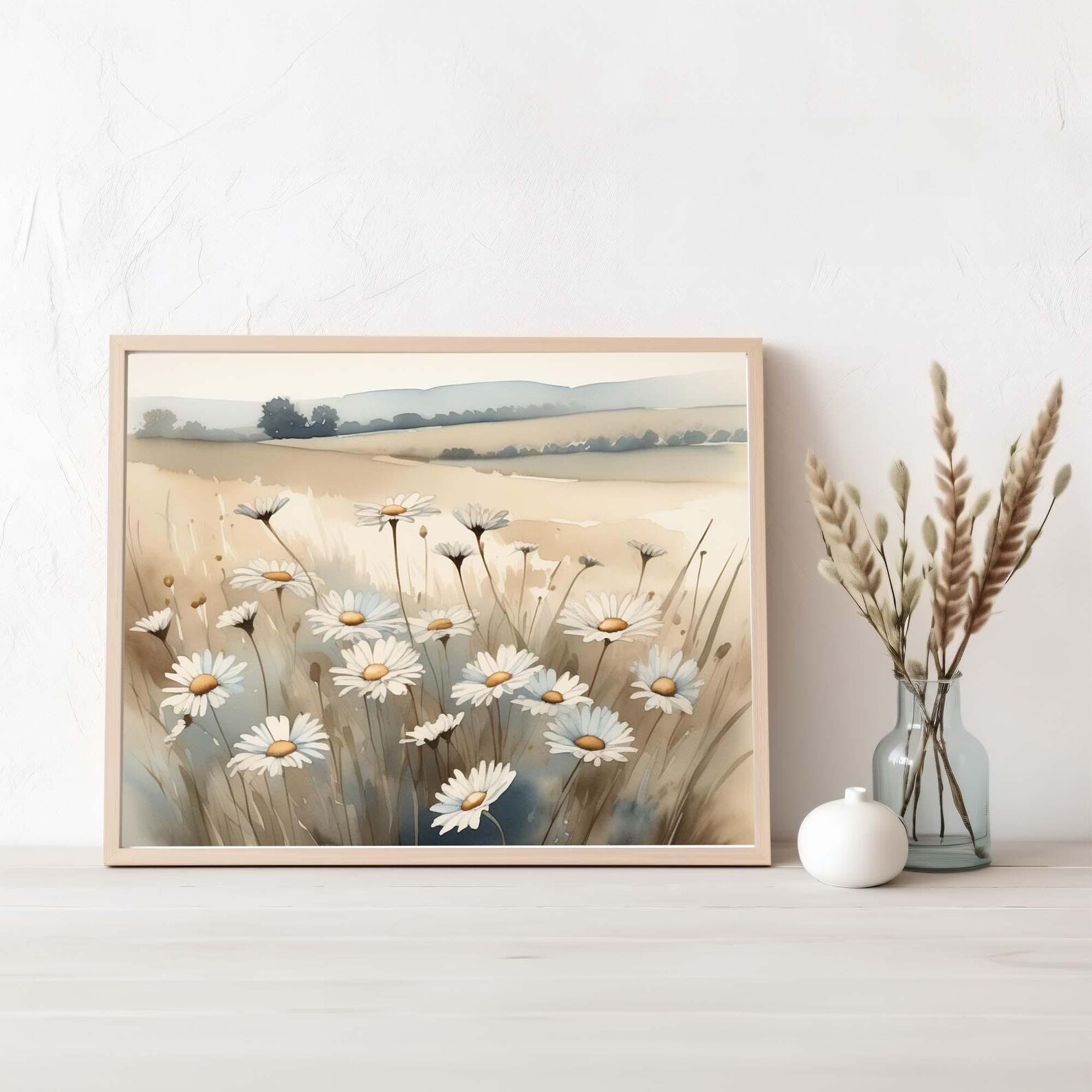 Daisy Print Watercolor Countryside Meadow Landscape Daisies Wildflowers ...
