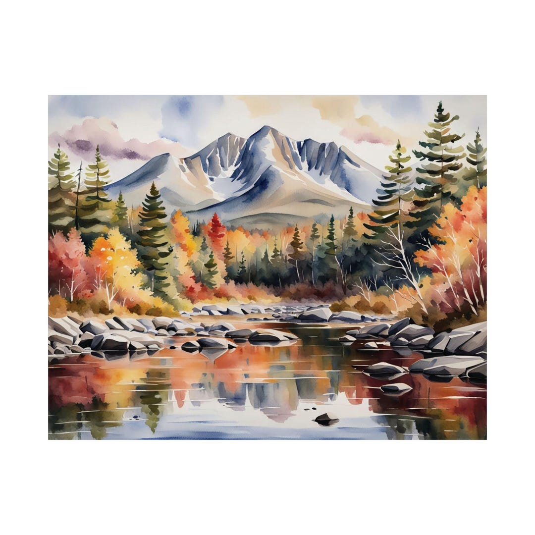 Mount Katahdin Mountain Landscape Print, Maine Autumn Watercolor Wall ...