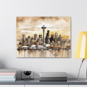 Watercolor Seattle Skyline Canvas Prints Gallery Wraps Sepia Washington ...