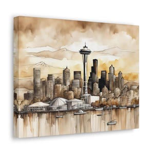 Watercolor Seattle Skyline Canvas Prints Gallery Wraps Sepia Washington ...