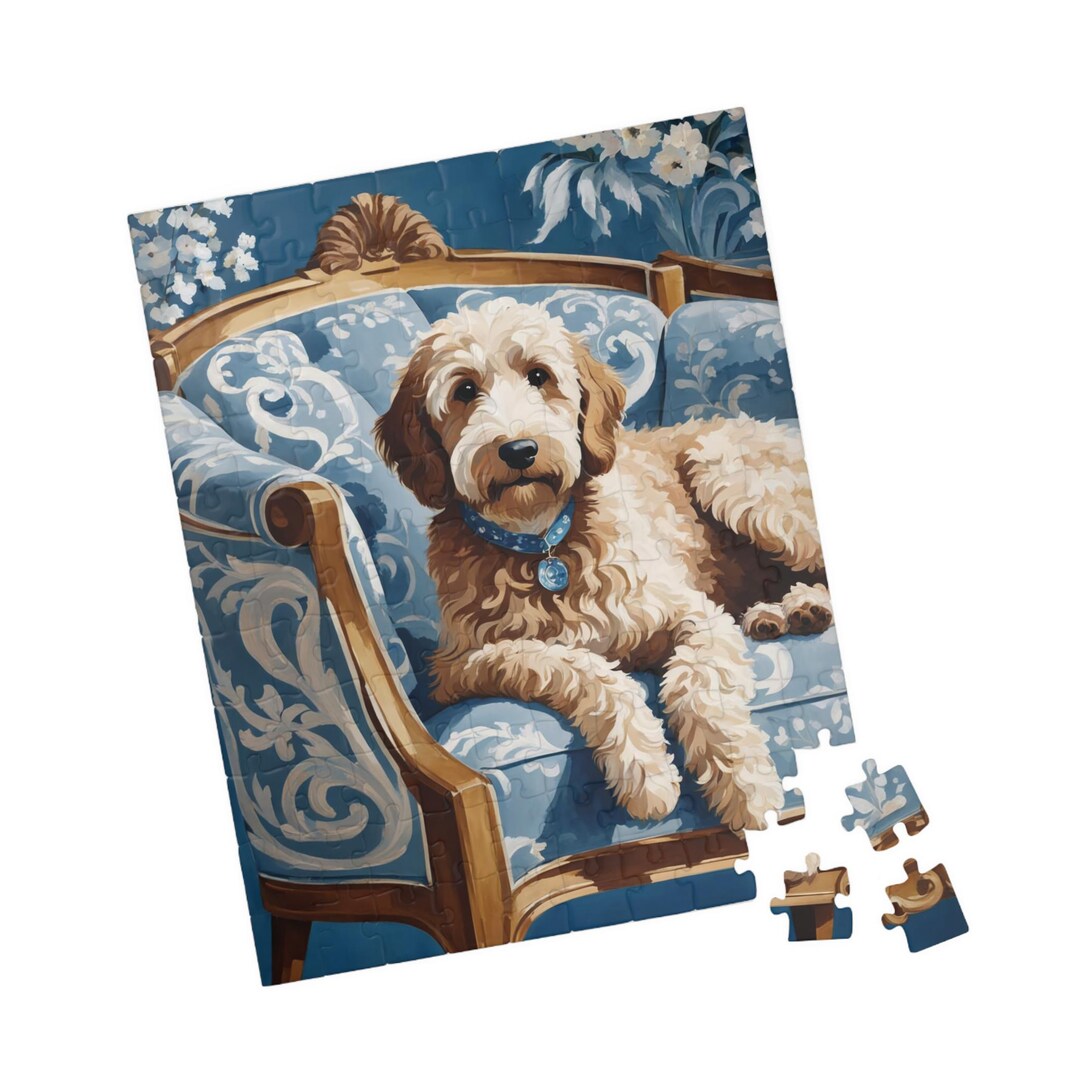 Jigsaw Puzzle Labradoodle Watercolor, Chinoiserie Blue Sofa Dog Lover ...