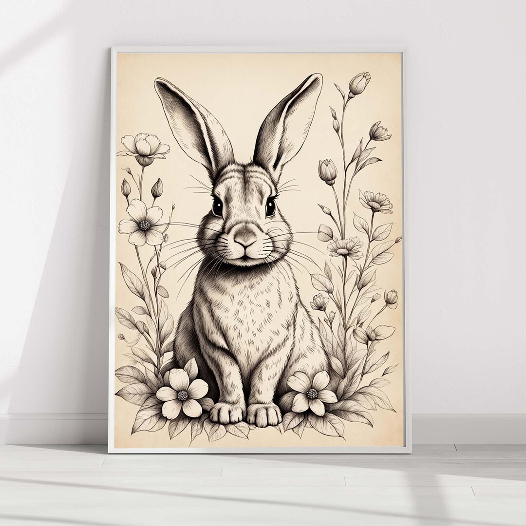 Vintage Pencil Drawing Rabbit Art Print, Spring Seasonal Wall Art Decor ...