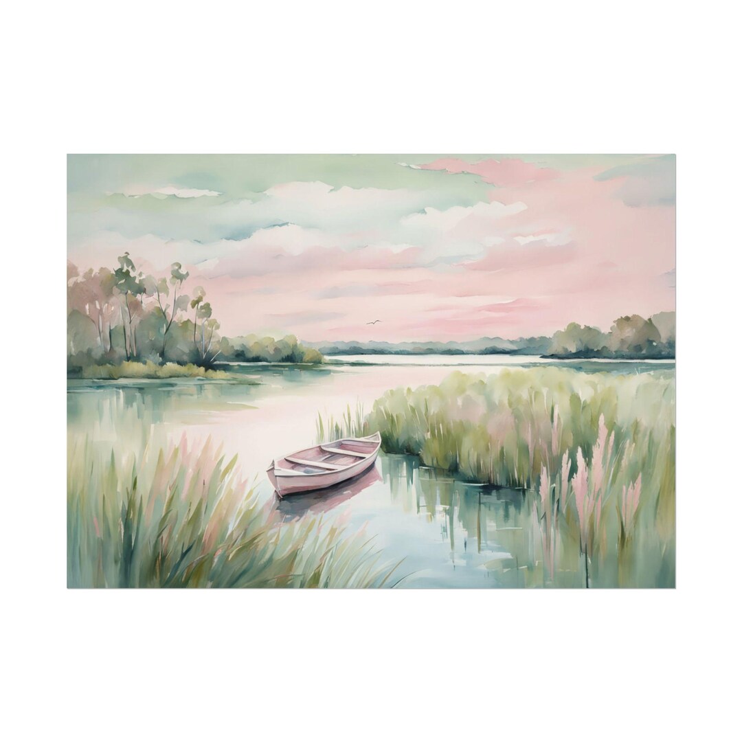 Marsh Landscape Pink Sunset and Pink Row Boat Painting Print | Carolina ...