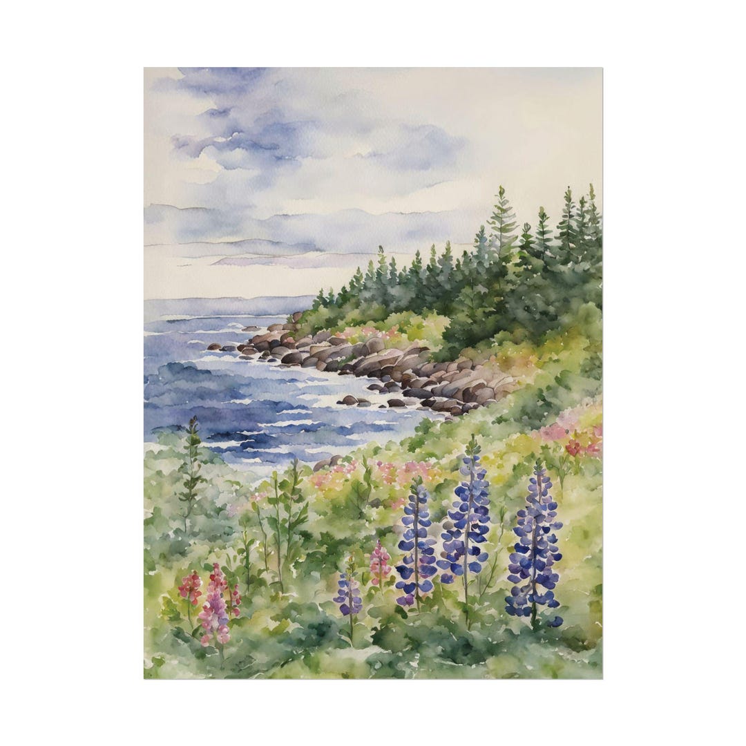 Acadia Maine Coastal Watercolor Painting With Lupine Flowers, Giclee ...
