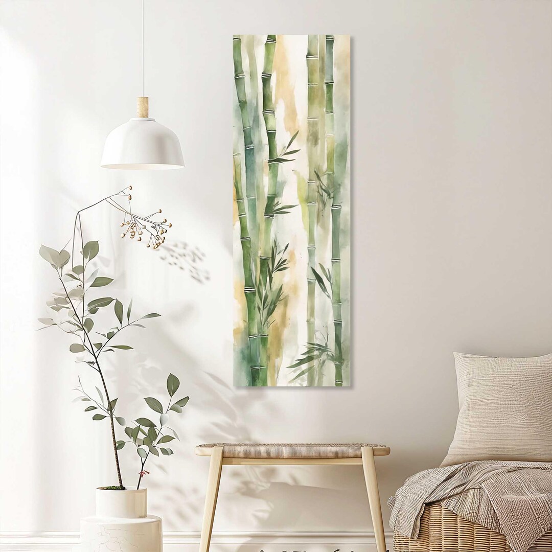 Bamboo Tall Narrow Canvas Art Print, Neutral Botanical Watercolor Print ...