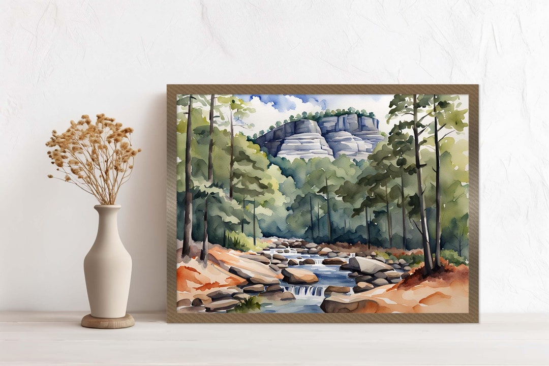Stone Mountain Landscape Print, Georgia Rocks Stream Watercolor ...
