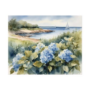Cape Cod Coastal Print, Blue Hydrangea Massachusetts Watercolor ...