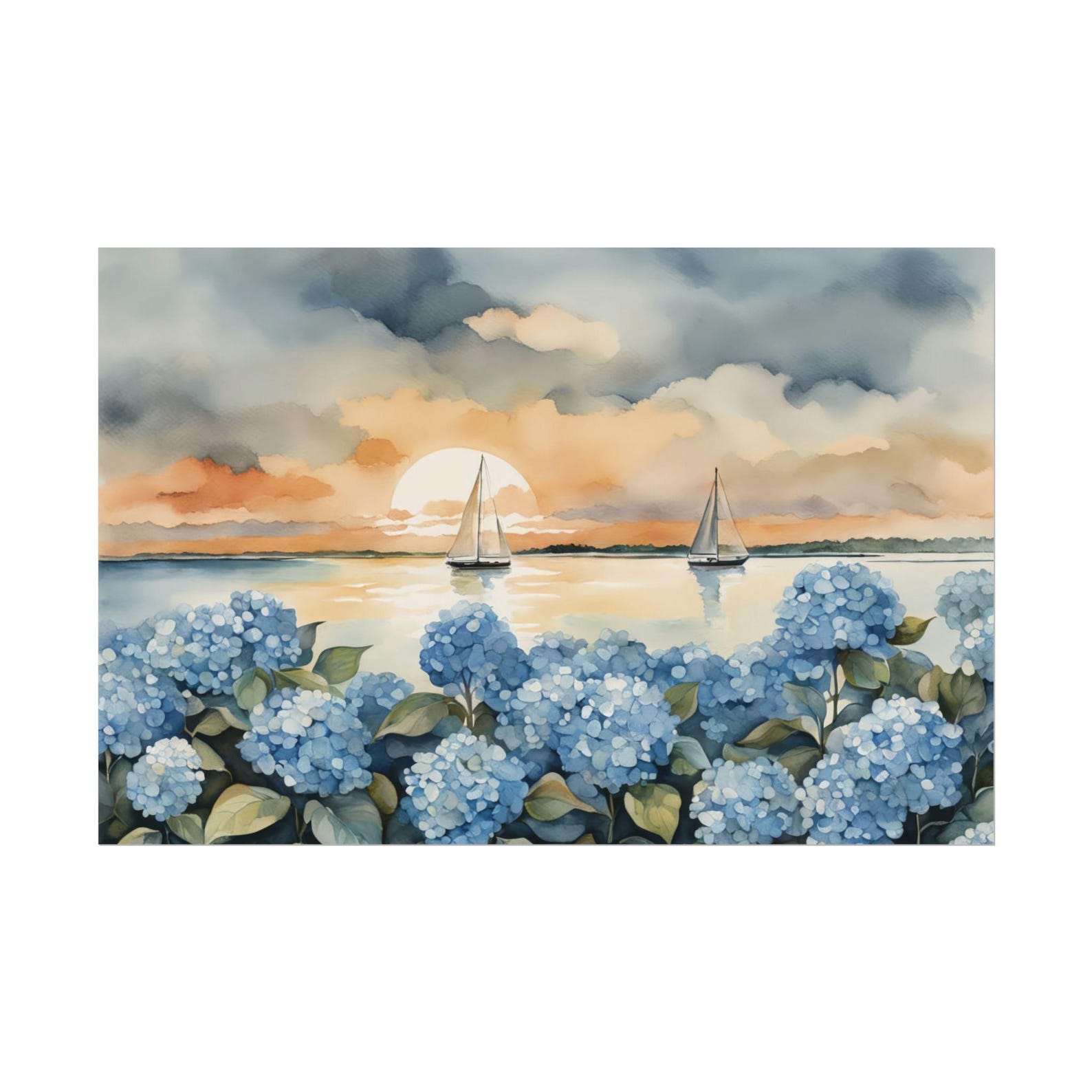 Cape Cod Sunset Coastal Print, Blue Hydrangea Massachusetts Watercolor ...